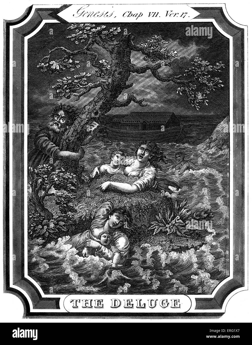 Noah and the Flood. Caption reads: The deluge. Genesis, Chap VII, verse ...