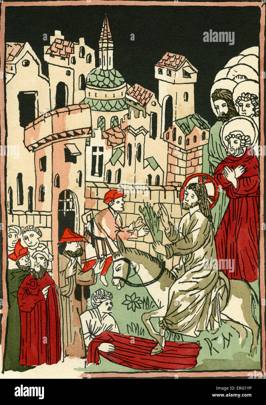 Christ entering Jerusalem on a donkey holding palm branches, watched by ...
