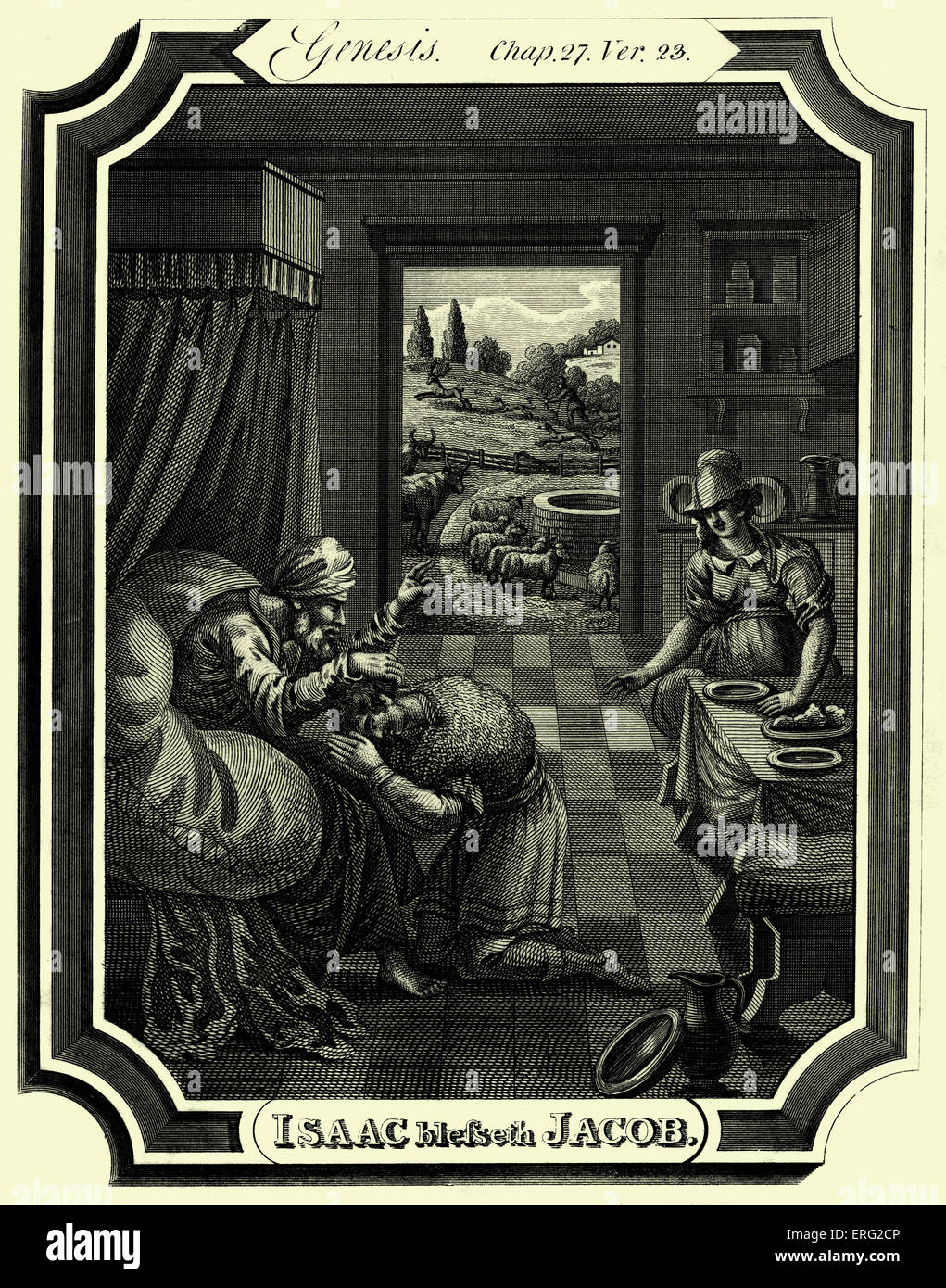 Isaac blesses Jacob, believing him to be his favoured elder son Esau ...