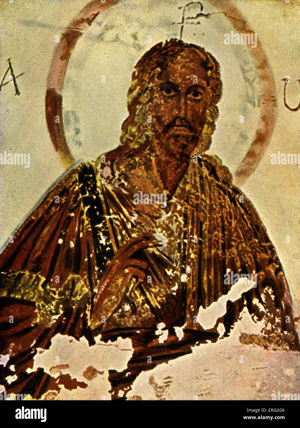 Fresco depicting Jesus with a halo. On either side of him the first and ...