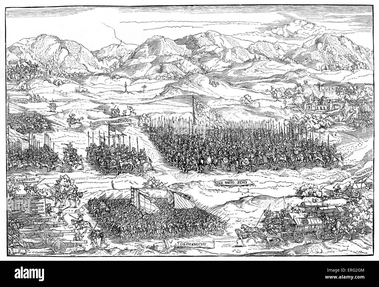 German mercenaries on the march against the Turks in 1532. Woodcut by ...