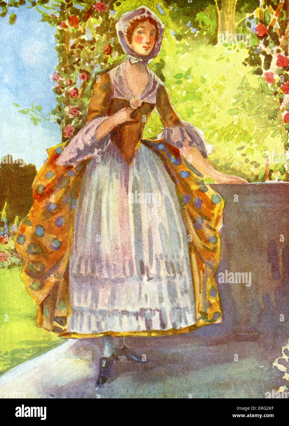 Woman 's costume in reign of George II (1727 -1760). Wearing a tied cap ...