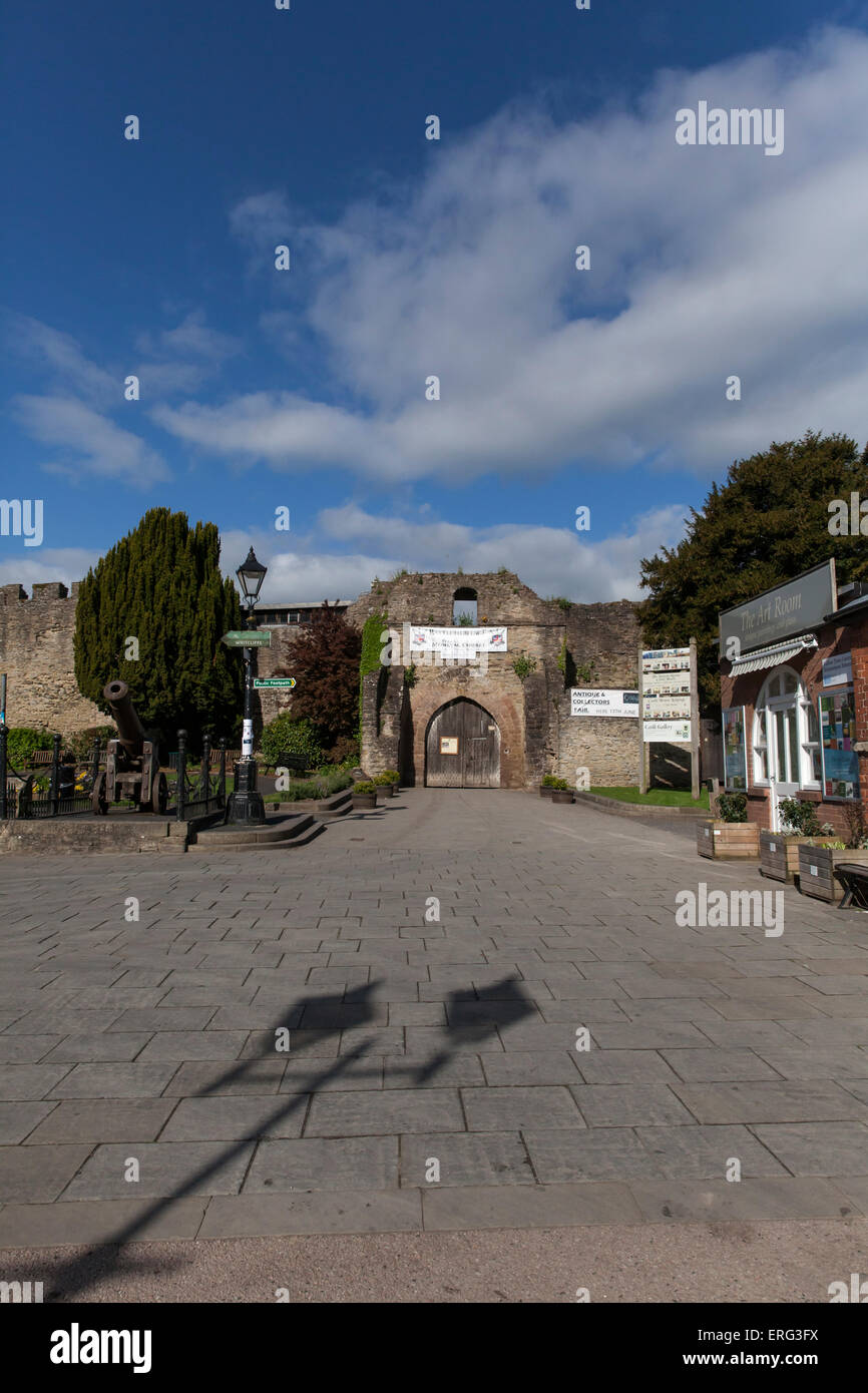View of Ludlow castle entrance from Market Square in the market town of ...