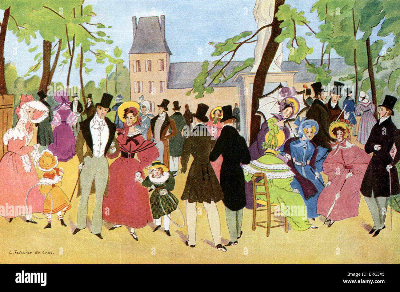 Strolling in the park in Paris, France in 1831. Illustration from 1930 ...