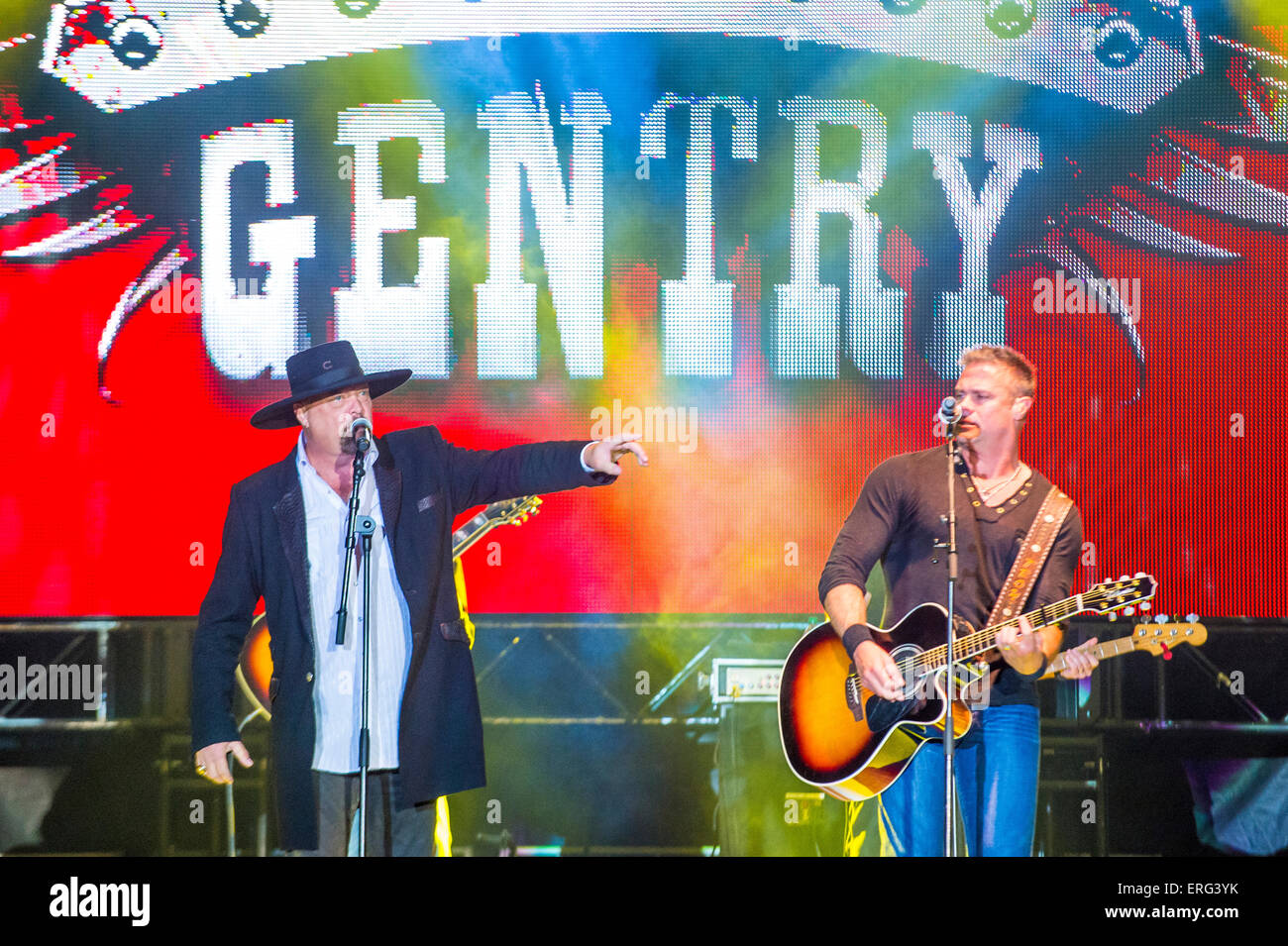 Eddie Montgomery and Troy Gentry of Montgomery Gentry perform on stage ...