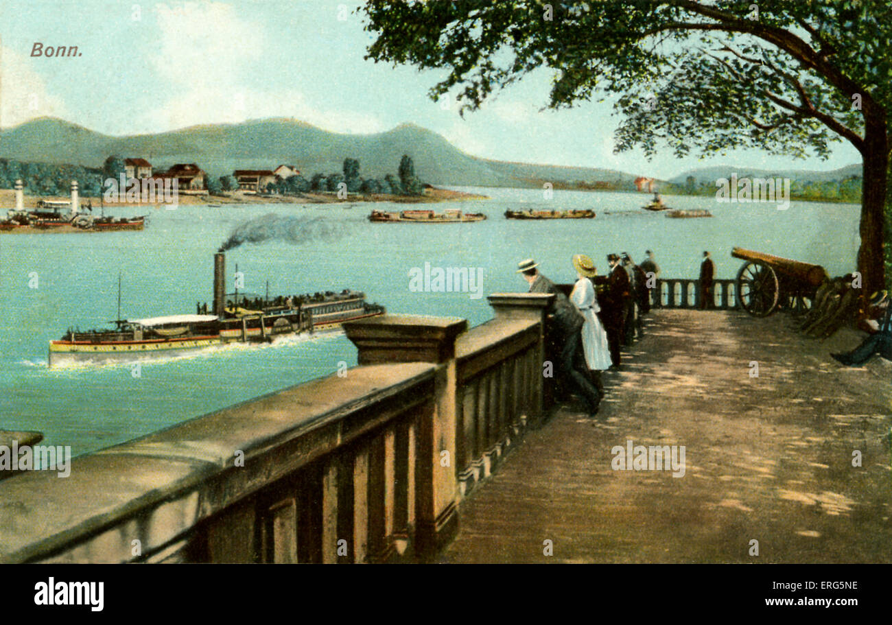 Bonn, Germany: Rhein (Rhine) River view. People look out at the boats ...