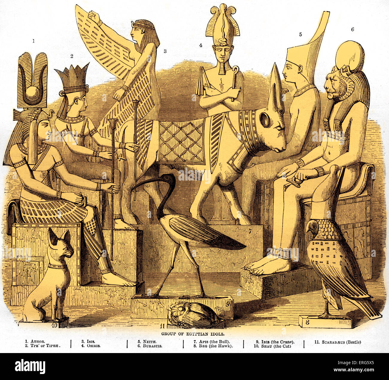 Group of Egyptian idols ( Athor, Tiphe, Isis, Osiris, Neith, Bubastis ...