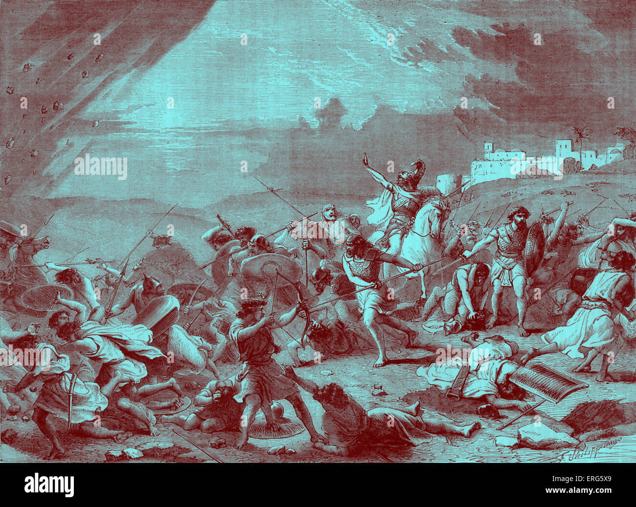 Joshua commanding the Sun to stand still. Joshua, chapter X. Tinted ...