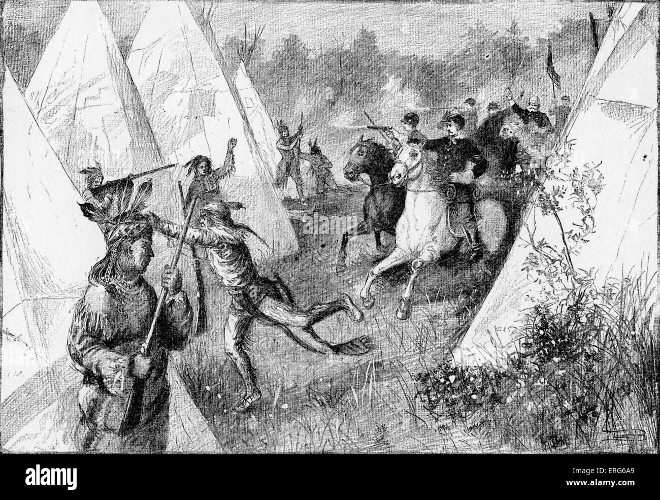 Colonists invading a Native American camp, published in 1887. The ...