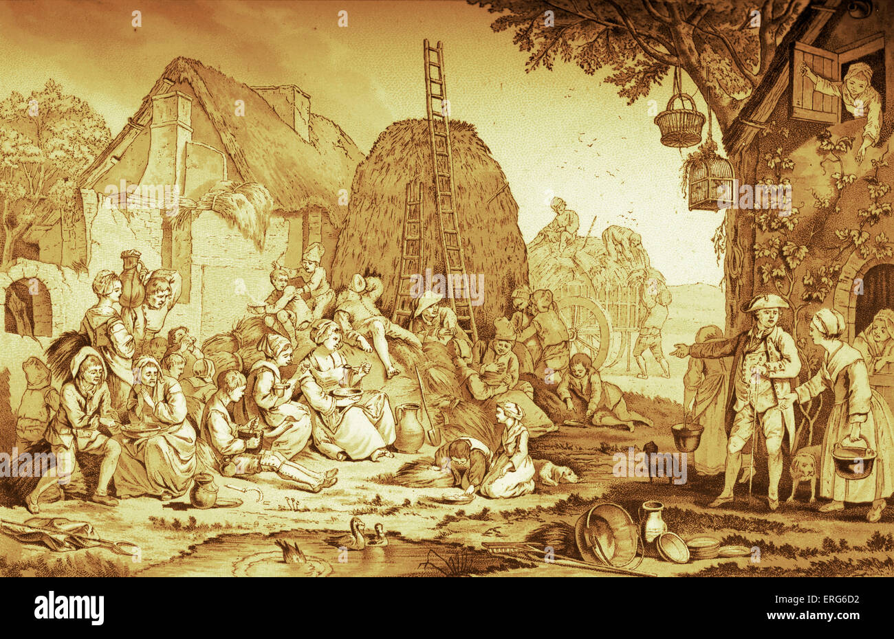 French 18th century farmyard: field and farm workers on a break, eating ...