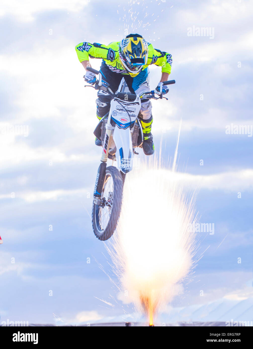 unidentified rider giving FMX motocross demonstration as part of the ...