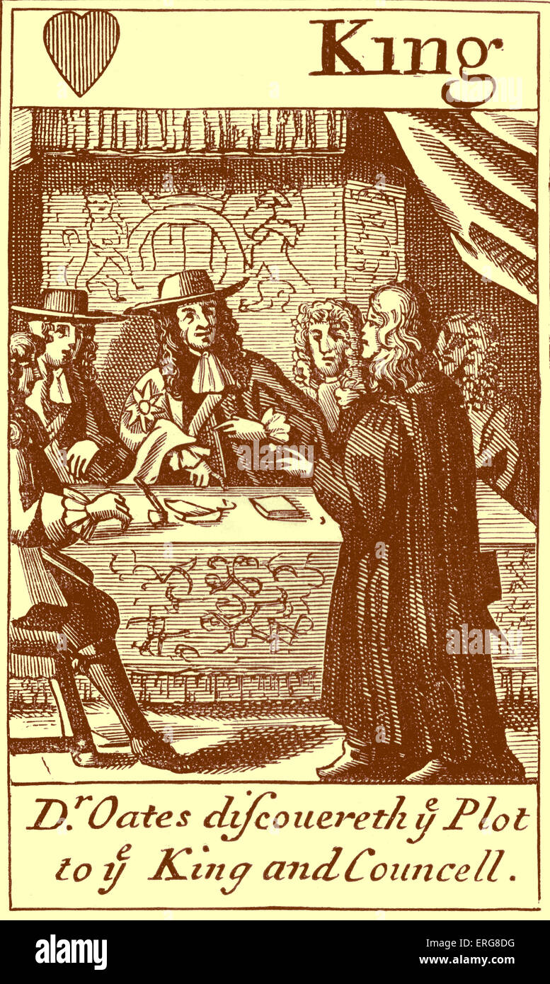 Titus Oates tells Charles II of the Popish Plot from a playing card ...
