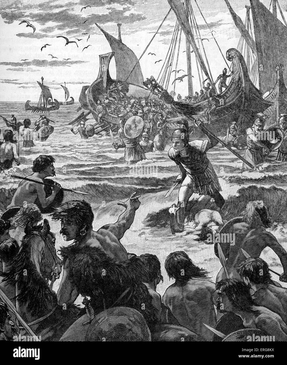 Roman invasion of Britain - early 20th century illustration. Landing on ...