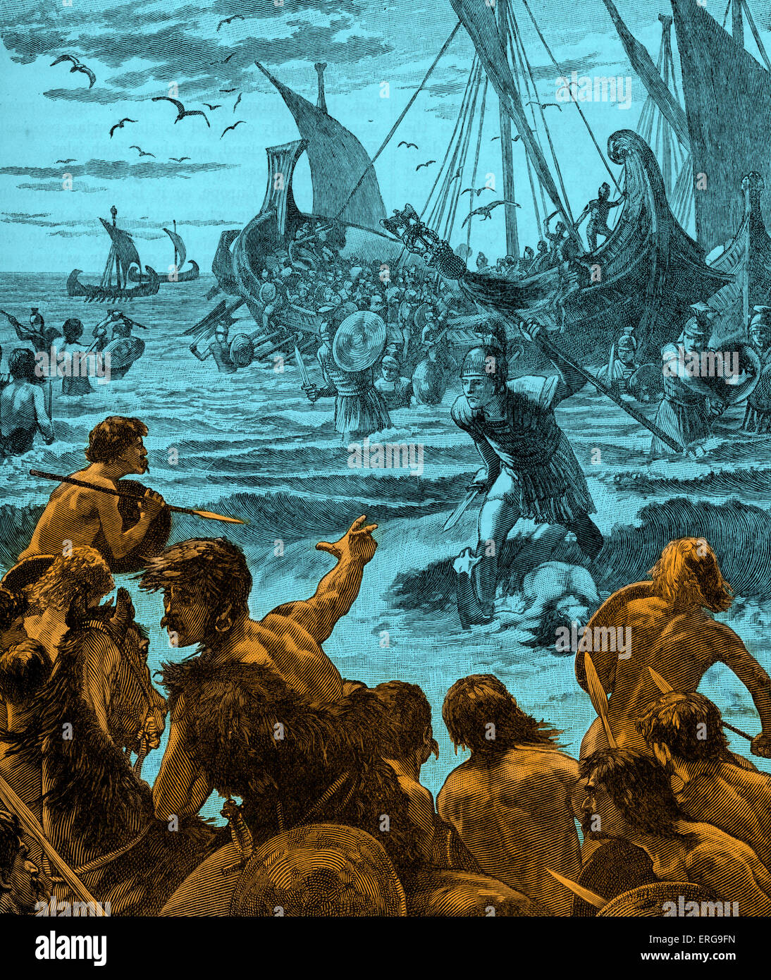 Roman invasion of Britain - early 20th century illustration. Landing on ...