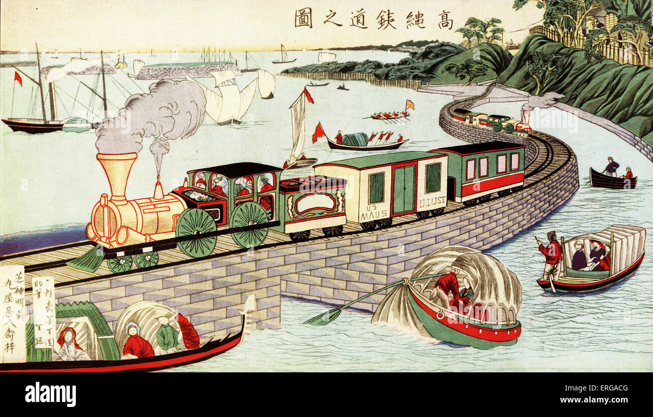 Takanawa railway in Japan, ca 1880. (After a work by an artist with nom ...