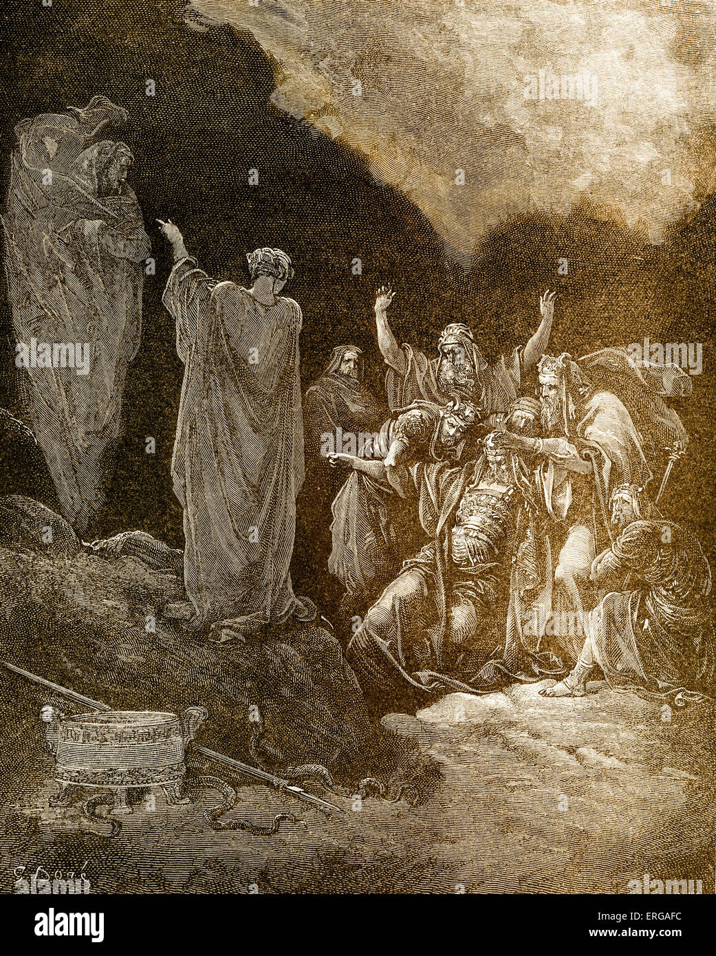 Saul and the medium/ witch of Endor, engraving by Gustave Doré. Saul ...