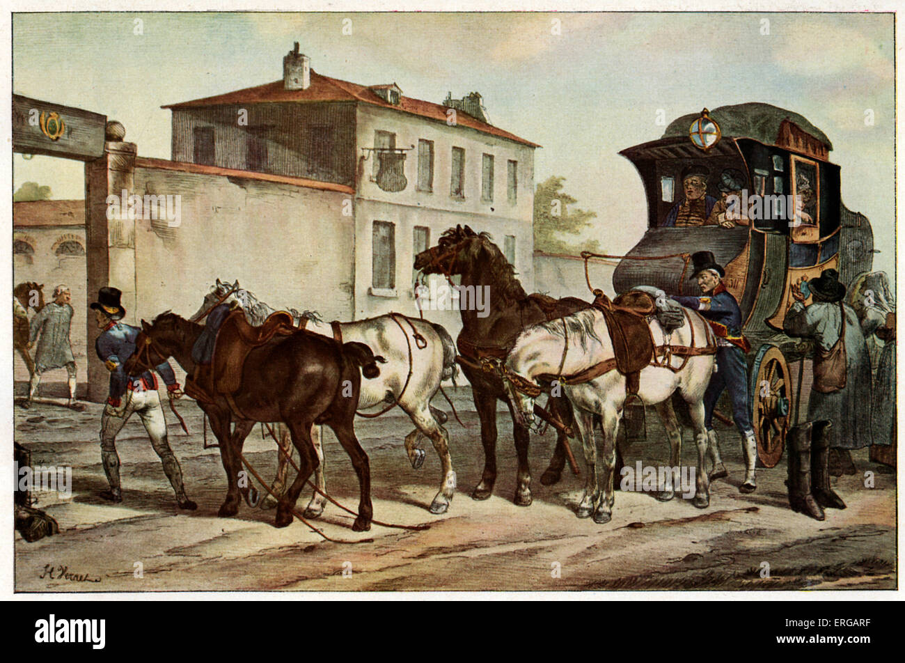 Mail coach at relay station on the road from Paris to Calais, ca 1825 ...