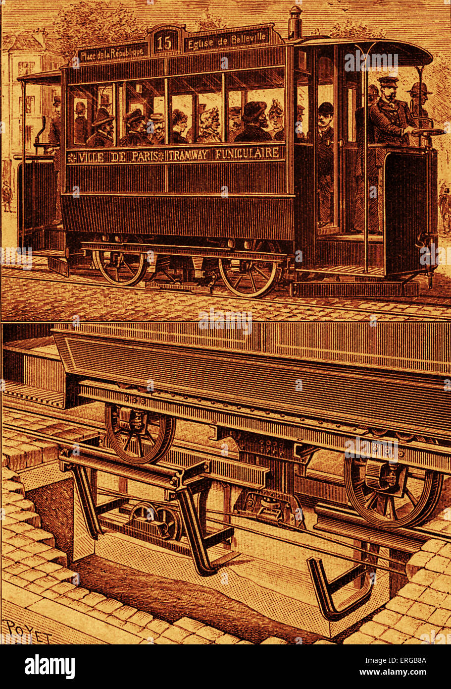 Cable tram of Belleville, Paris, 1890. Cross-section of the tramcar ...