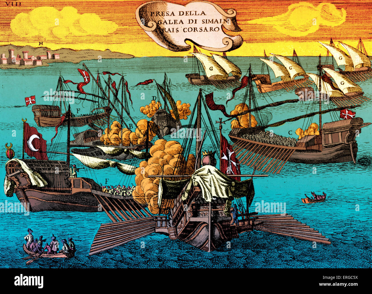 Fight between Tuscan Galleys and Barbary Corsairs. Mediterranean ...