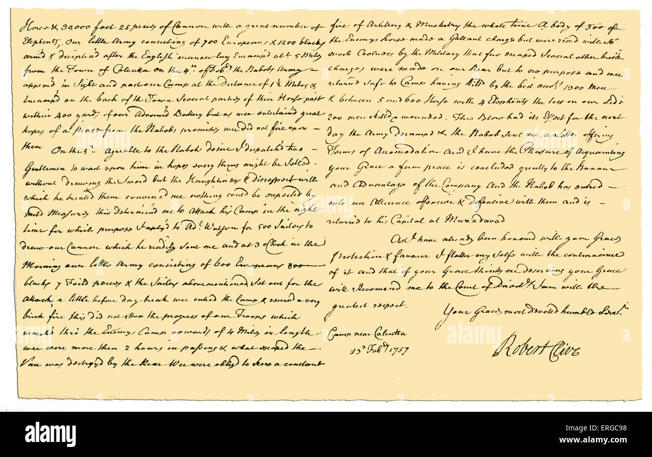 Autograph: Robert Clive, Lord Clive. Letter to Thomas Pelham-Holles ...