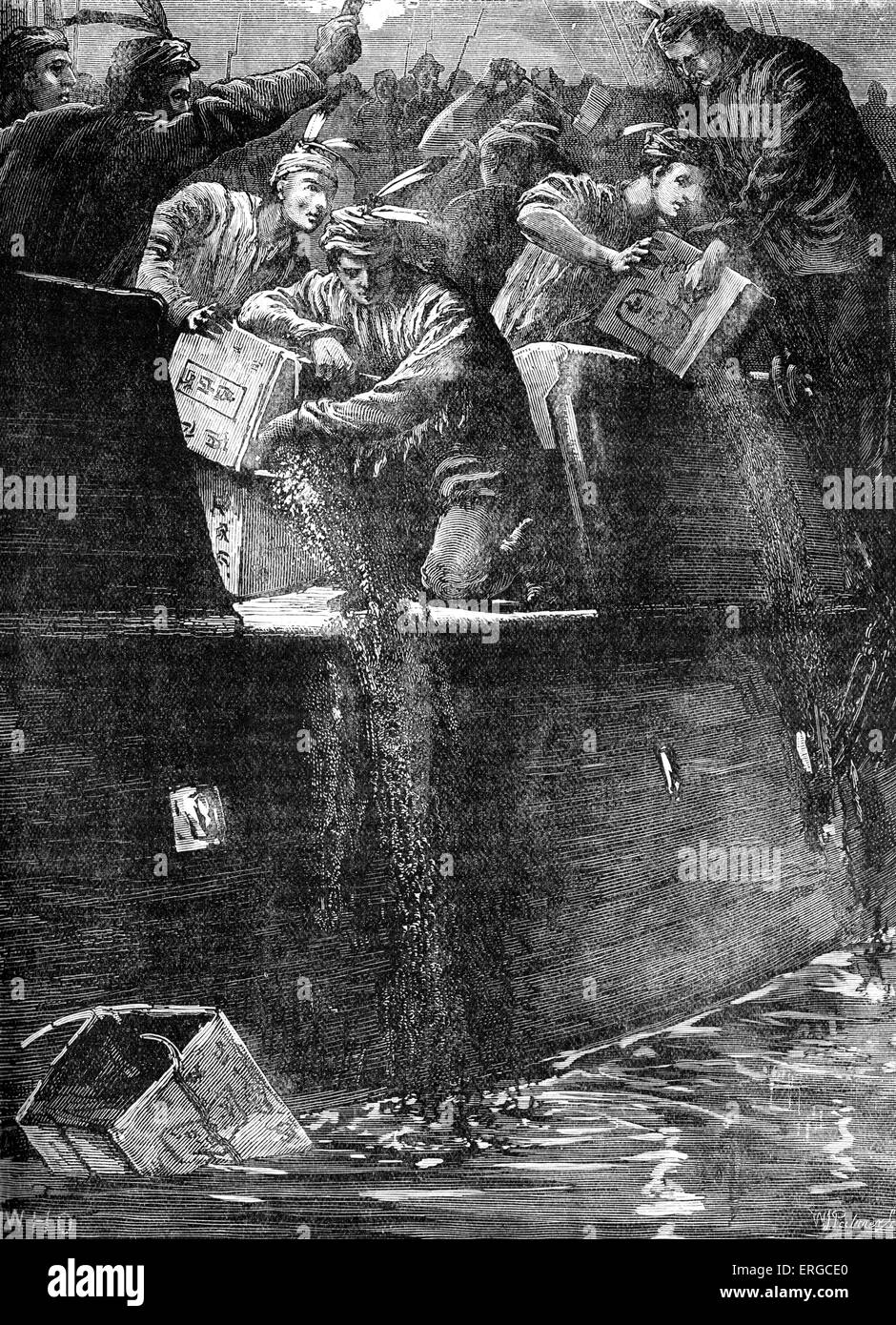 Men dressed as Native American Indians throw tea chests into Boston ...