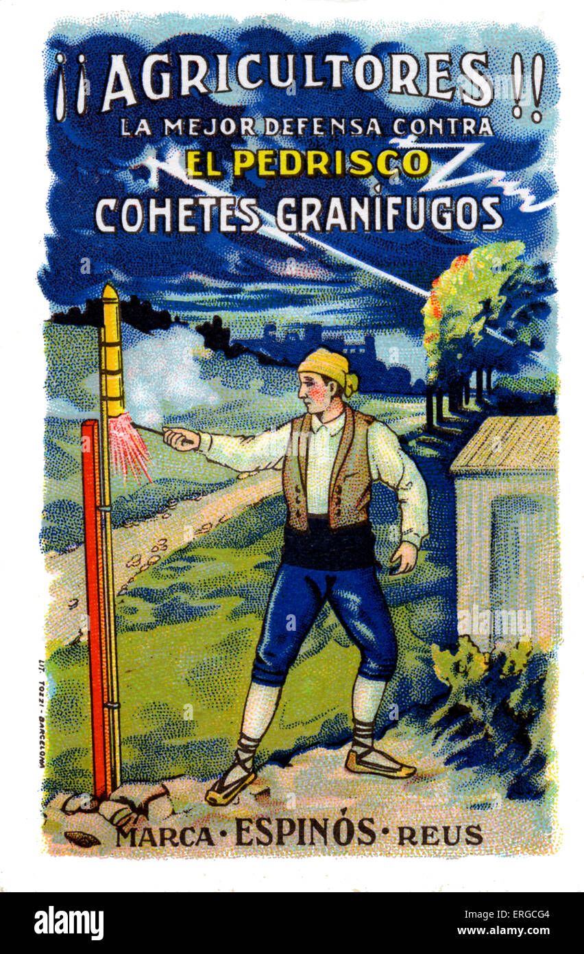Spanish advert for rockets. Caption: 'Farmers! The best defence against ...