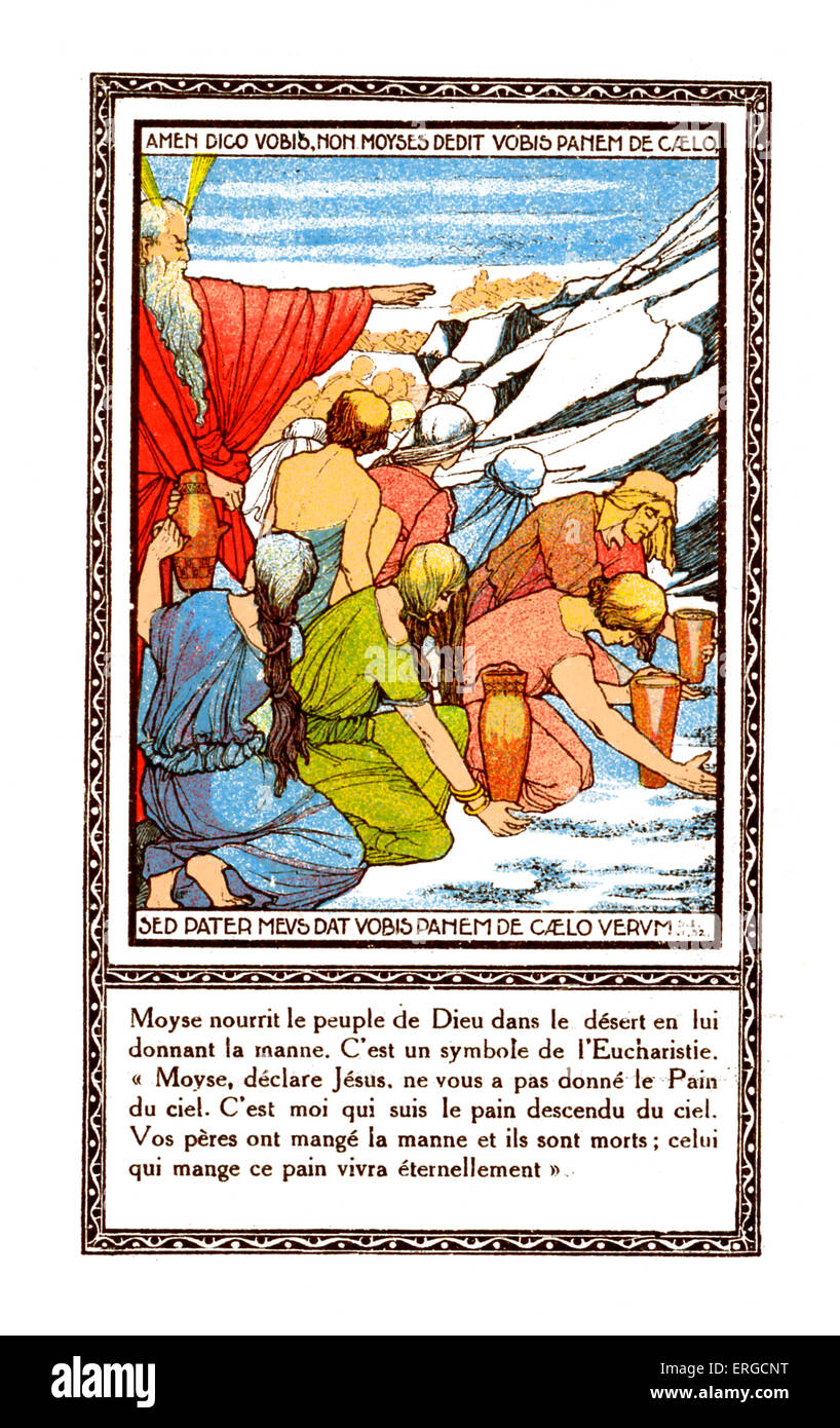 Moses feeding manna to his people in the desert. Caption gives ...