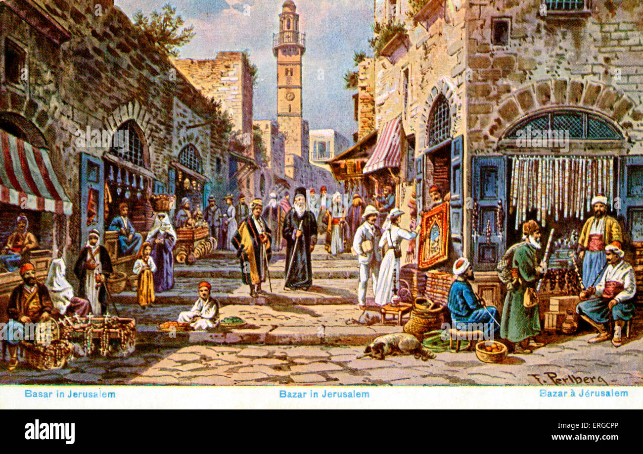 Bazaar in old city of Jerusalem . Tourists in white clothes, Arabs in ...