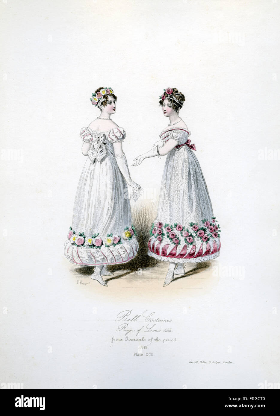Ball costumes during the reign of Louis XVIII, 1819 - from engraving by ...
