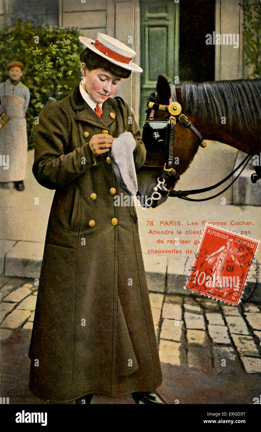Female coach driver, Paris - early 20th century. Sewing a sock while ...