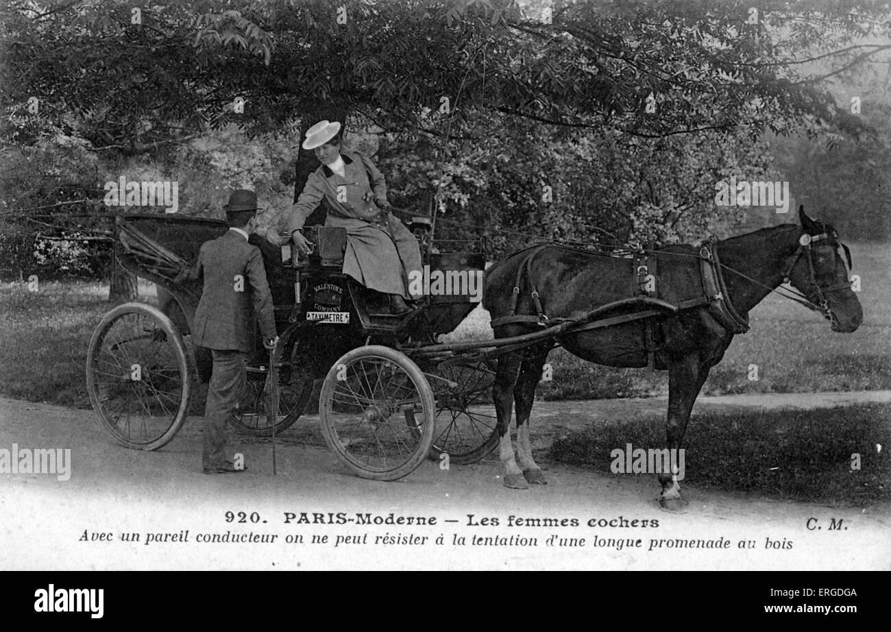 Female coach driver with passenger, Paris, c. 1900. Driver of horse ...