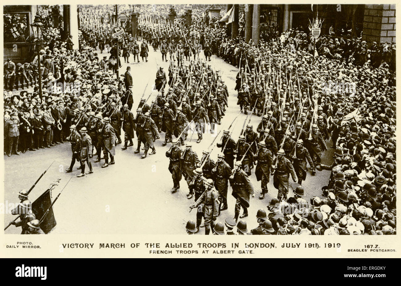 French Troops at Albert Gate, London, 1918. Caption reads: 'Victory ...