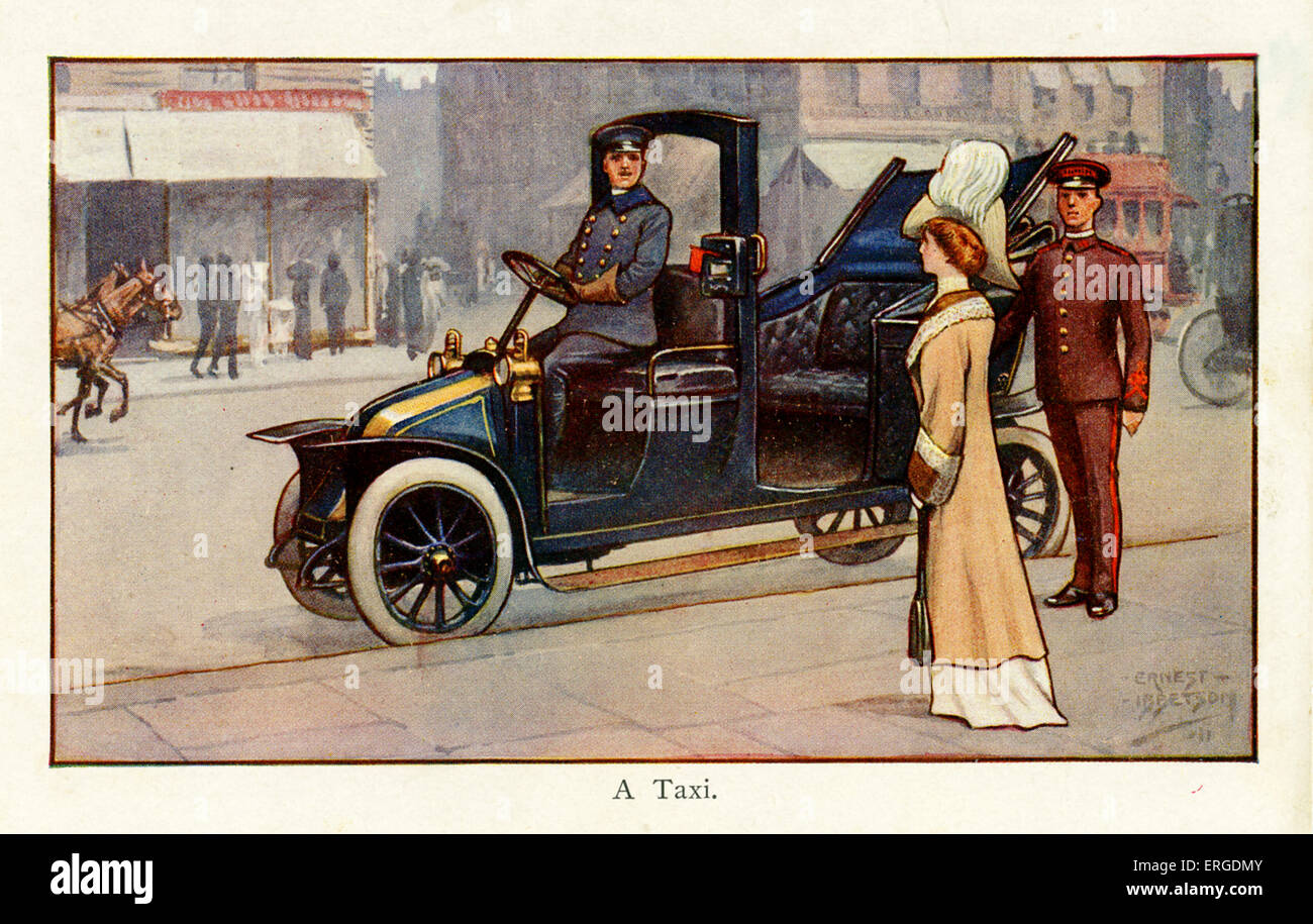 A taxi, London. A motorised taxi with driver. Illustration by Ernest ...