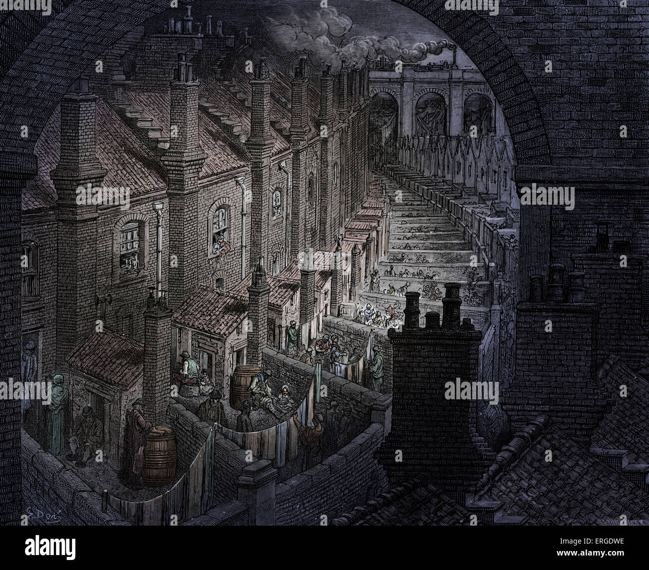 Victorian London streets with back to back terraces. Engraving by ...
