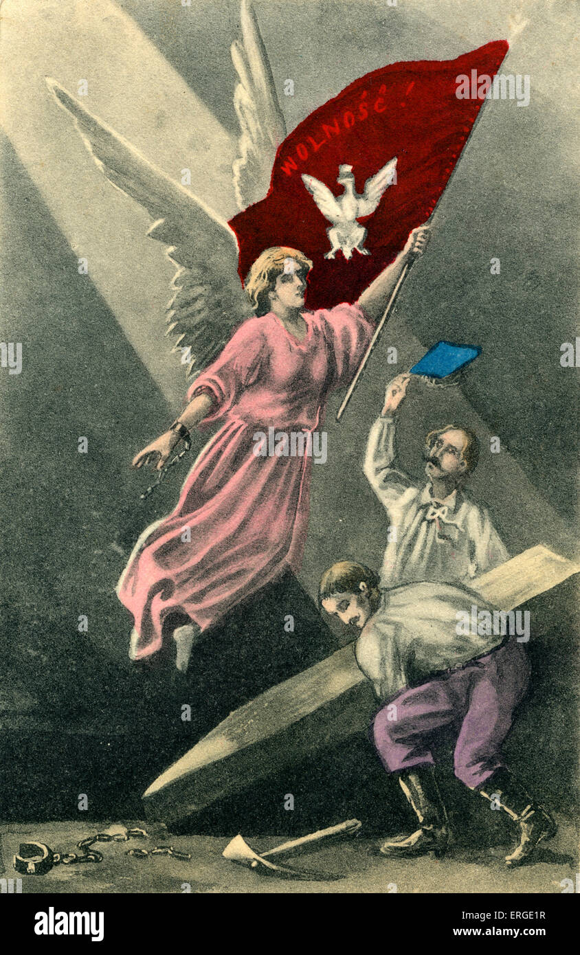 Polish liberation metaphor. Two 19th century men release an angel ...