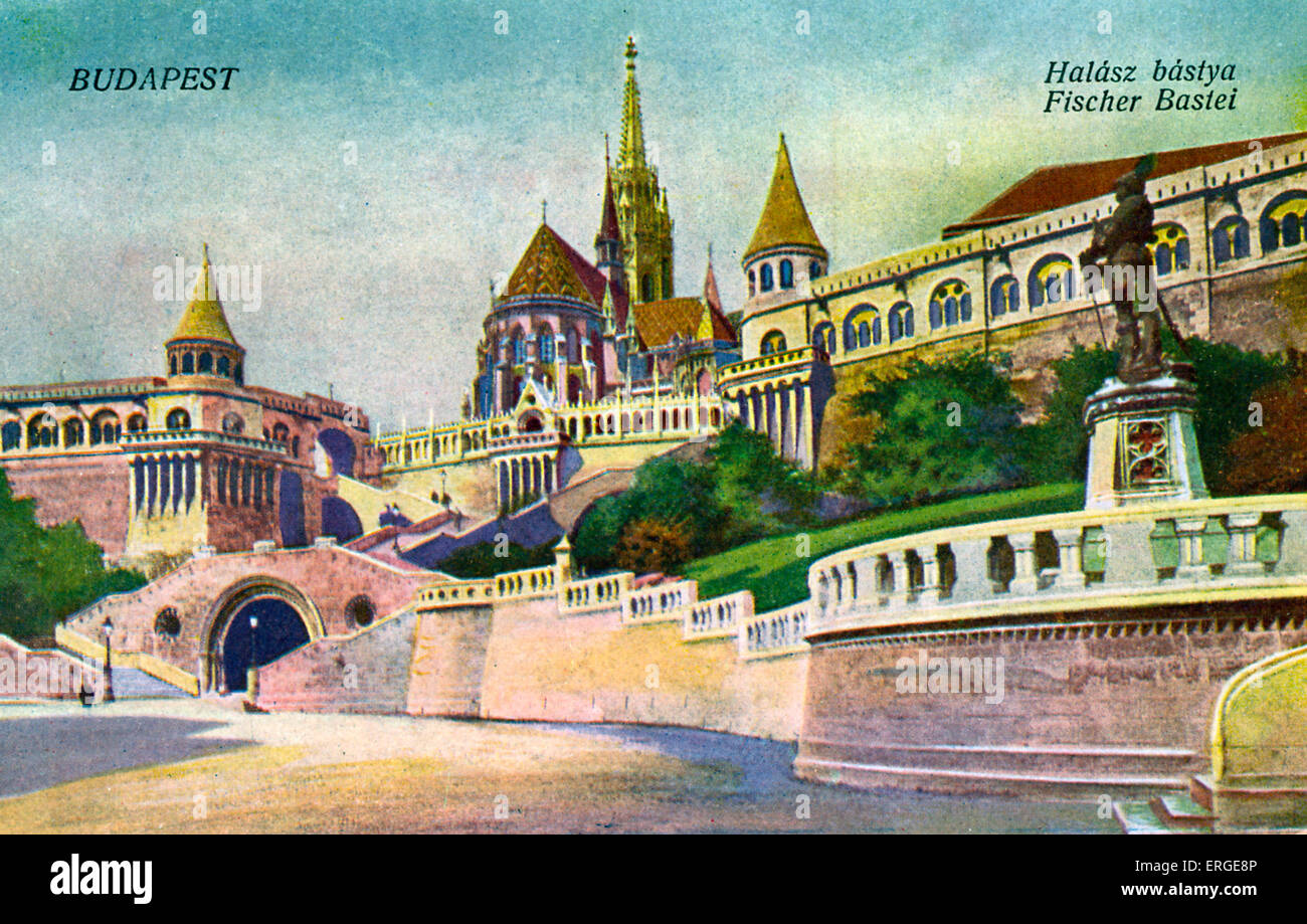 Fisherman's Bastion (Halászbástya), Budapest, Hungary. Terrace in neo ...