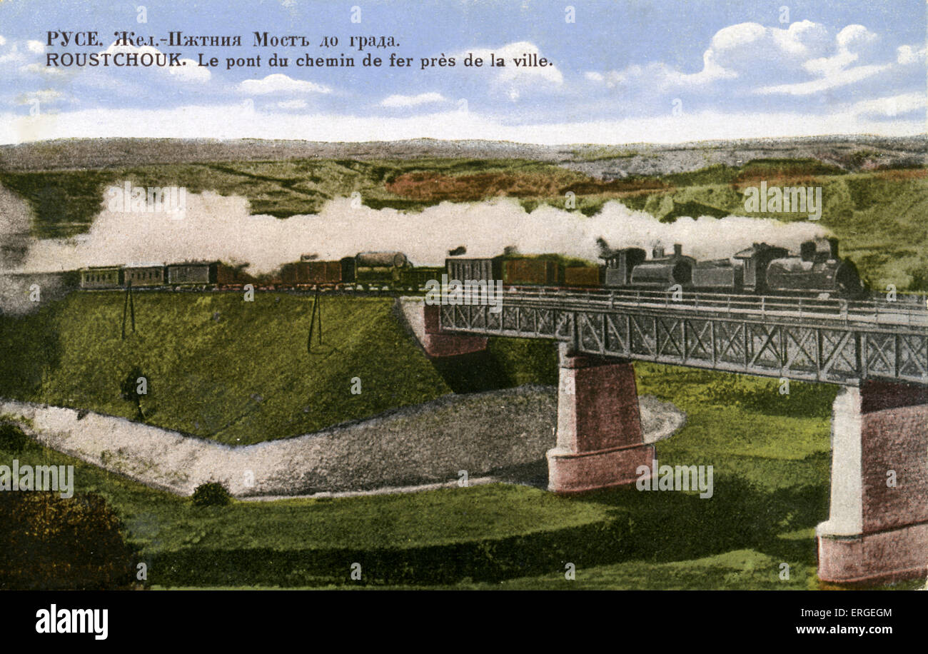 Railway bridge near Ruse, Bulgaria . C. 1900. Steam engine pulling ...