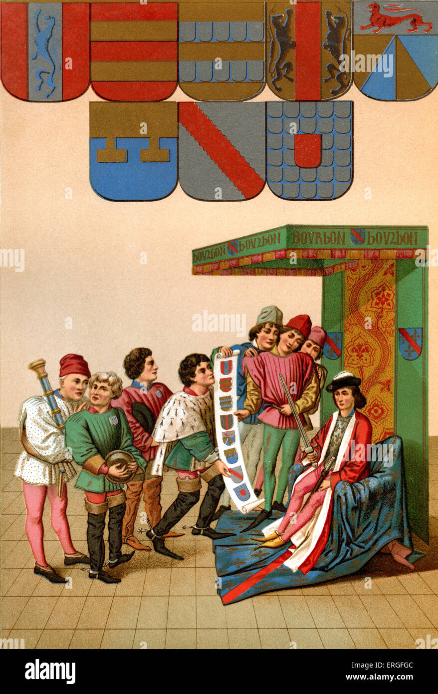 'The King at Arms shows the Duc de Bourbon the Armorial Bearings of the ...