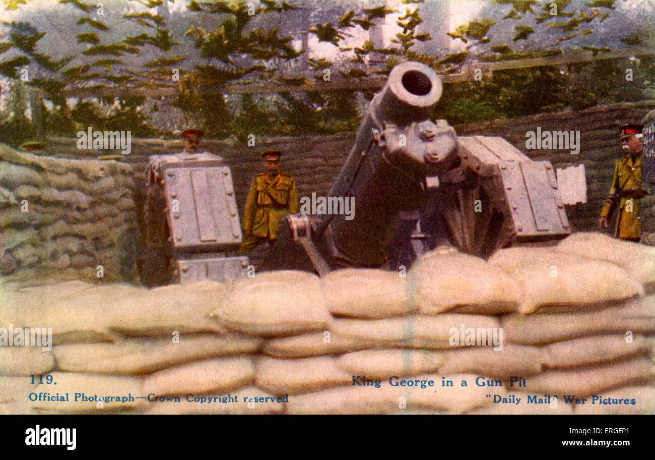 King George V in a gun pit during visit to the Western Front, World War ...