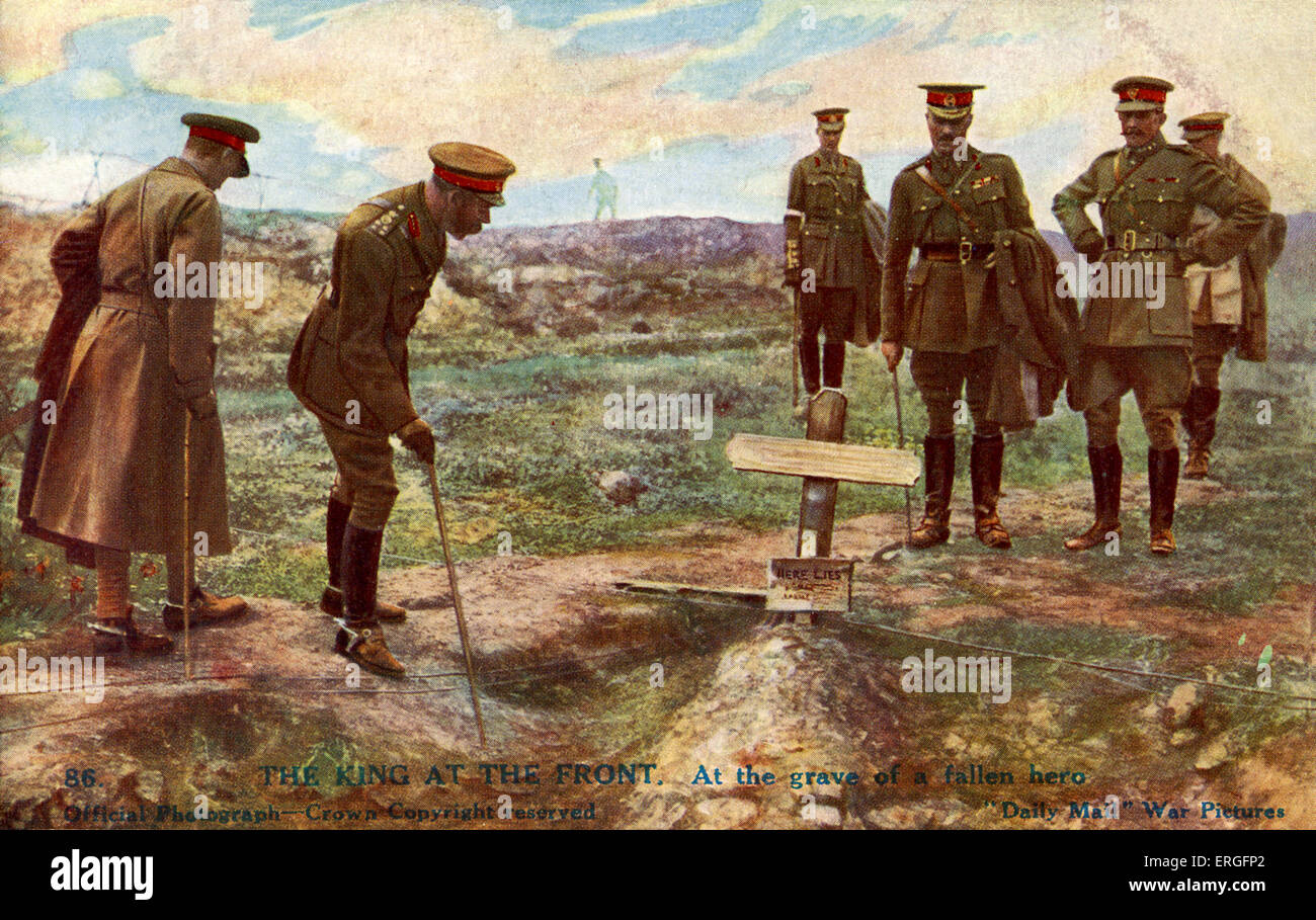 King George V visiting a soldier's grave on the Western Front, World ...