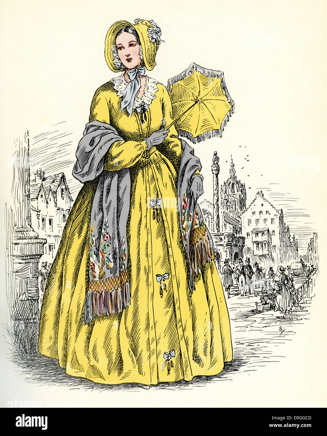 Scottish women 's fashion: 1841 - 1842. Illustration with background of ...
