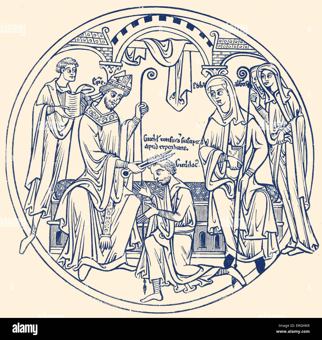 Life of St. Guthlac: Receiving the tonsure. 12th century. Hair cutting ...