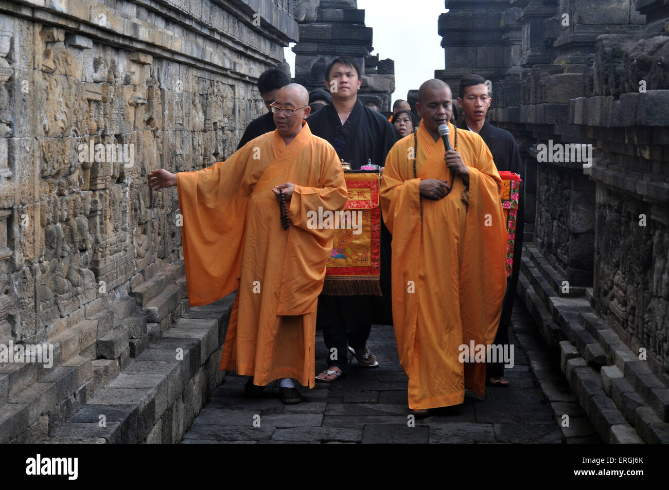 Buddhist monks pray at Borobudur temple in on June 2, 2015 in Magelang ...