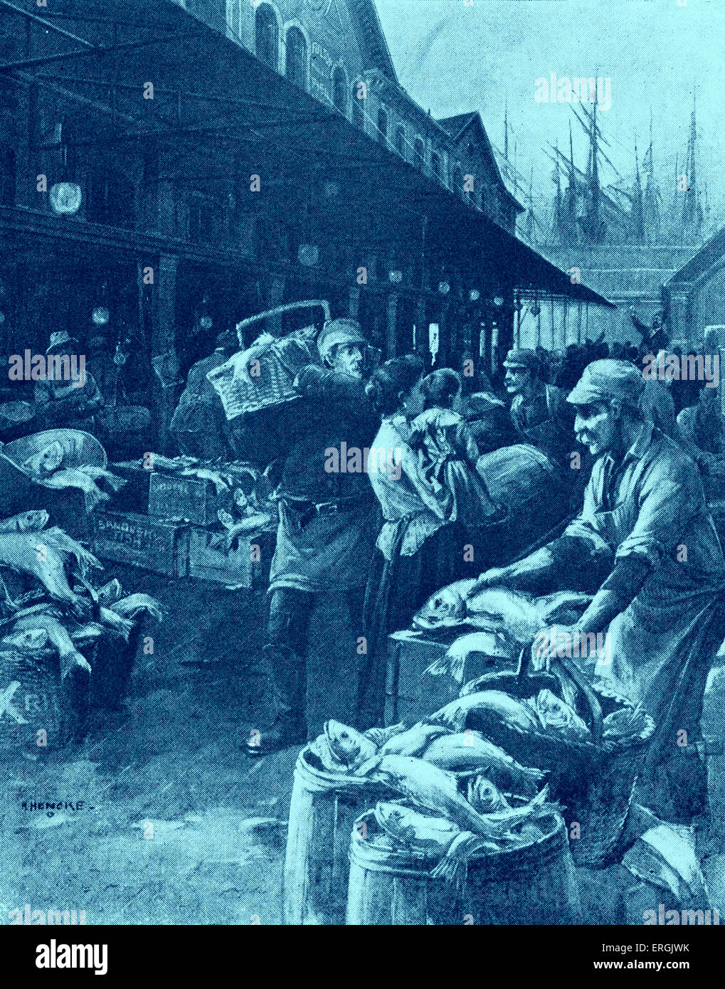 Old Fulton Market, New York, circa 1890s. Illustration shows a Thursday ...