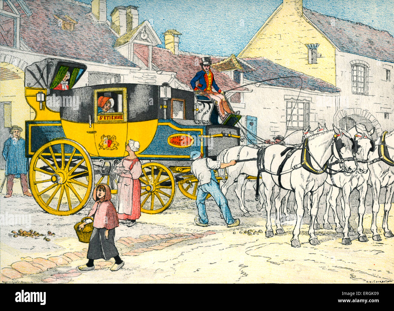 Mail coach at a coach house in 1840. France. From drawing by Eugène ...