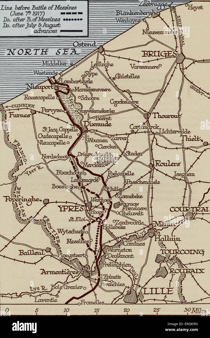 Map of the front lines in Flanders, Belgium, during World War 1, July ...