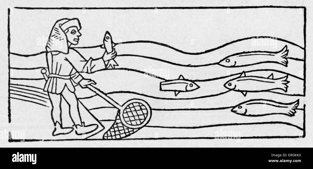 Medieval fisherman with a net - from engraving in 'Dialogus creaturarum ...