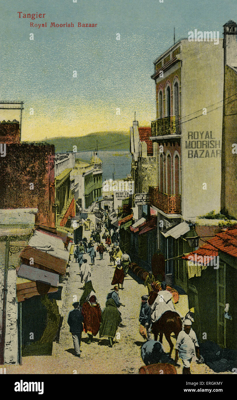 Royal Moorish Bazaar, Tangier. Europeans walk with Moroccans dressed in ...