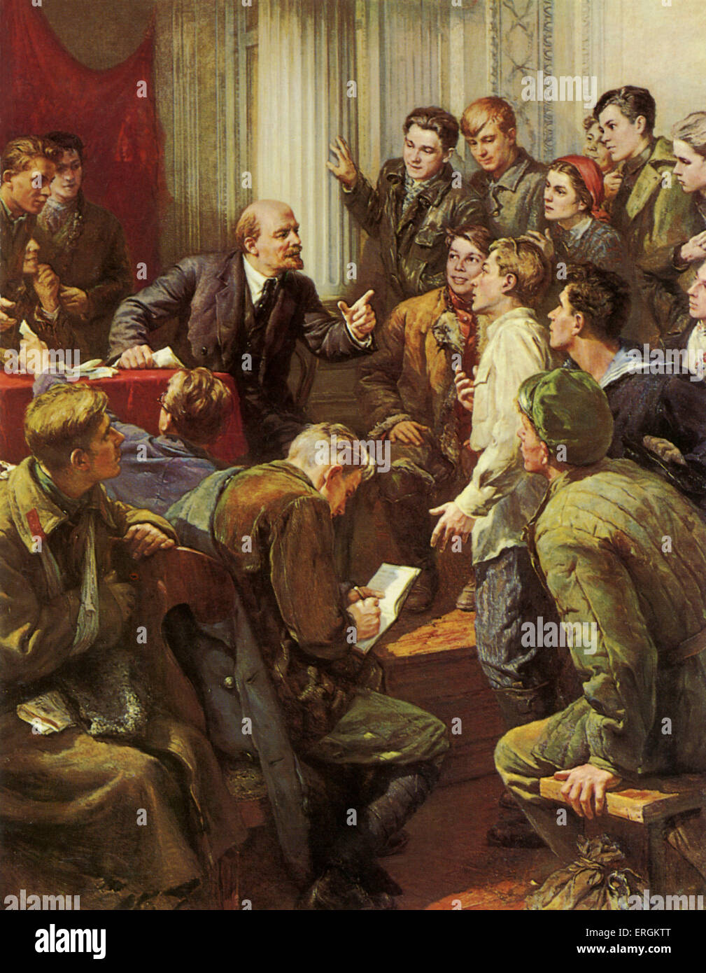 Lenin (1870-1924) surrounded by soviet youth. Here lenin holds a talk ...