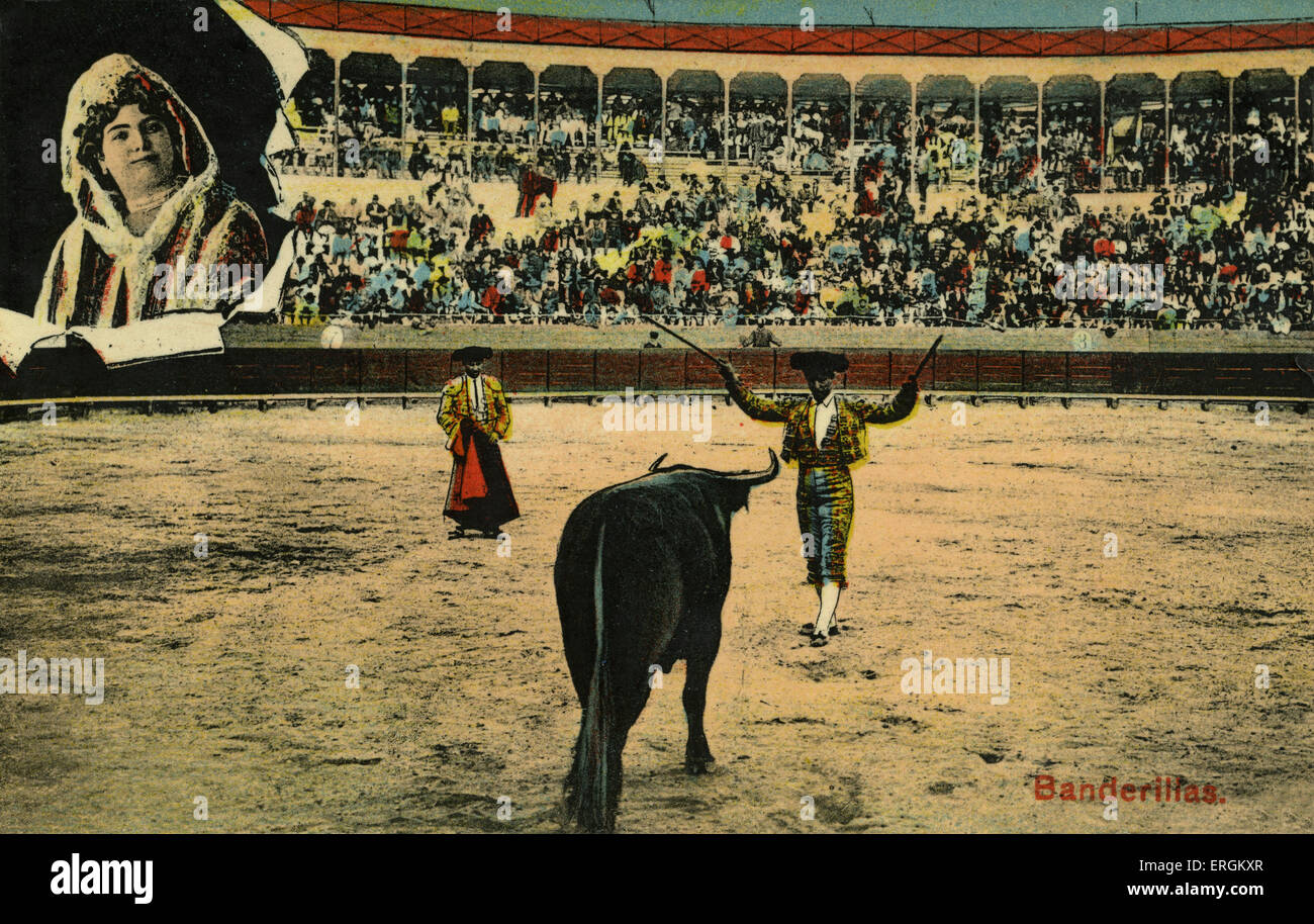 Bullfighter and bull. The caption reads 'Banderillas': the banderilla ...